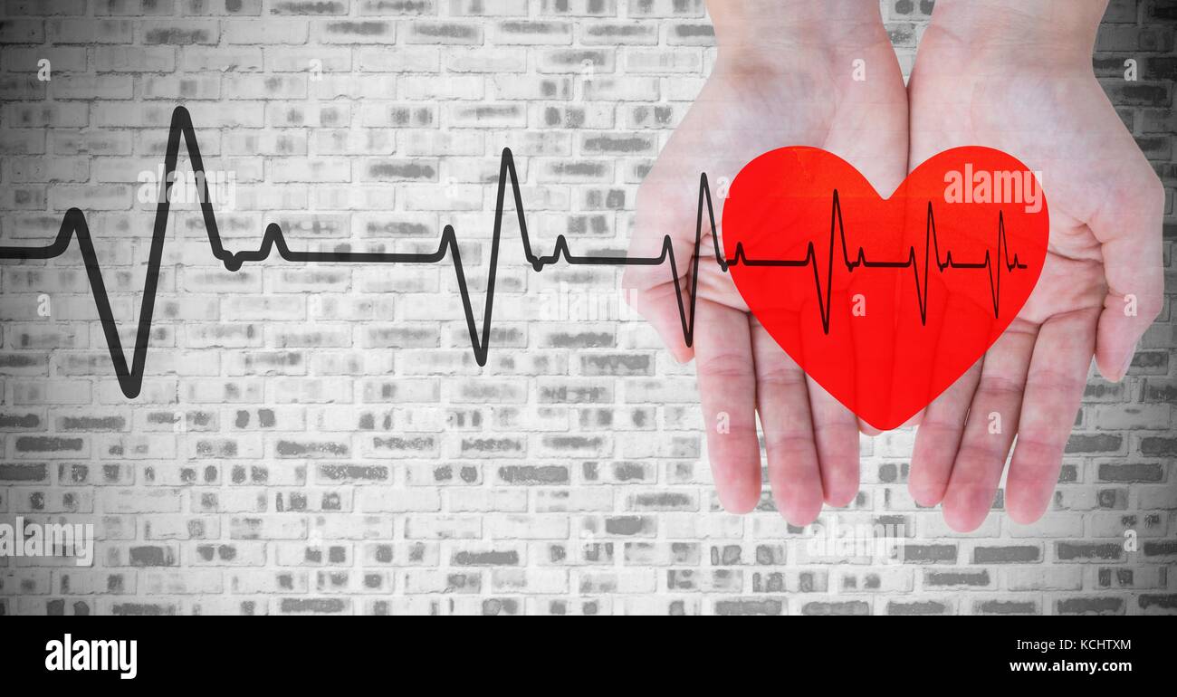 Digital composite of Heart beat over hands holding heart Stock Photo ...