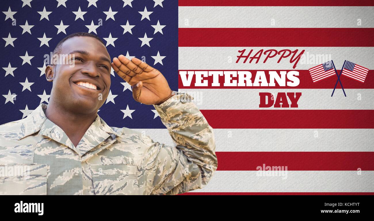 Digital composite of veterans day soldier in front of flag Stock Photo - Alamy