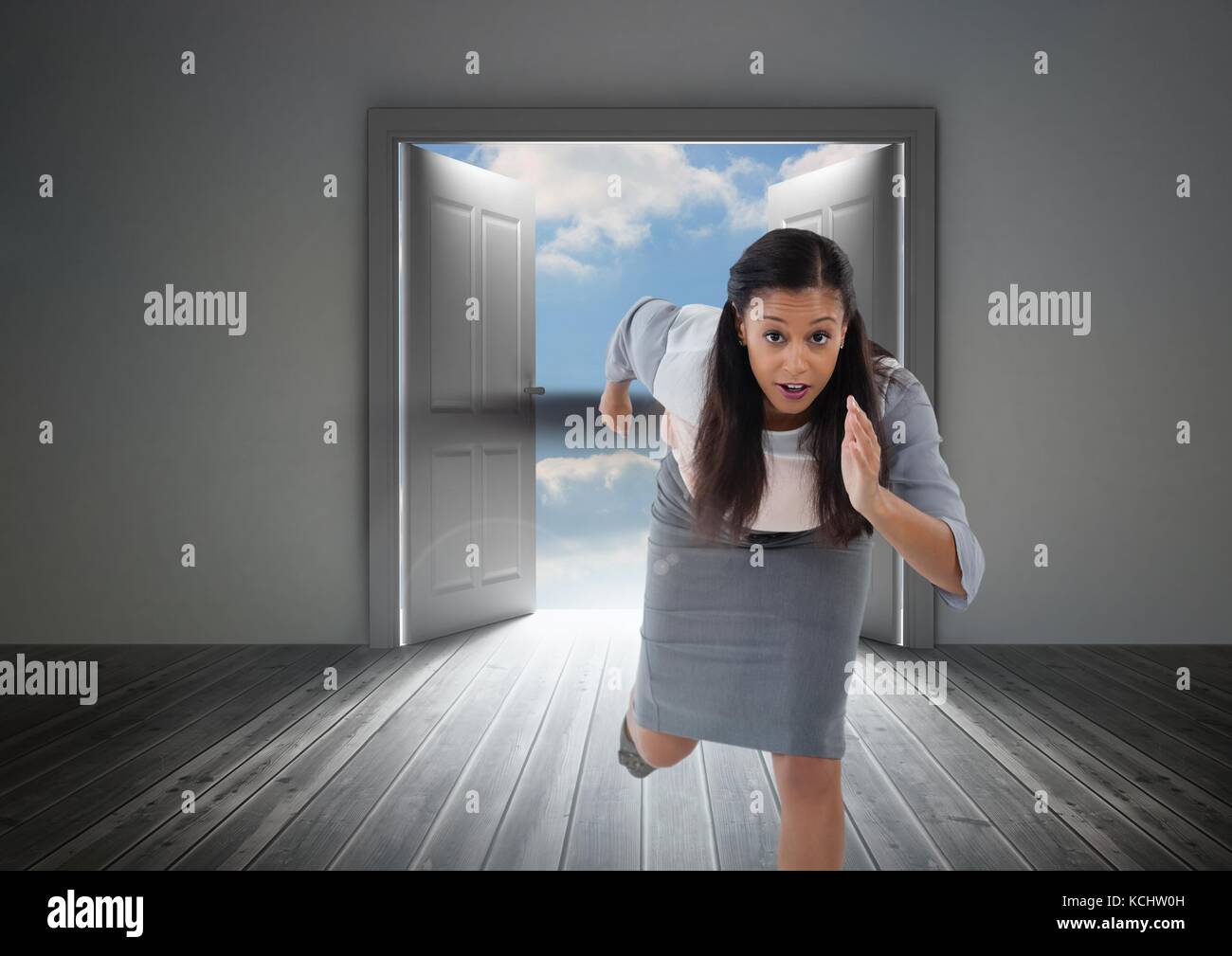 Digital composite of Businesswoman running in door from outside Stock ...