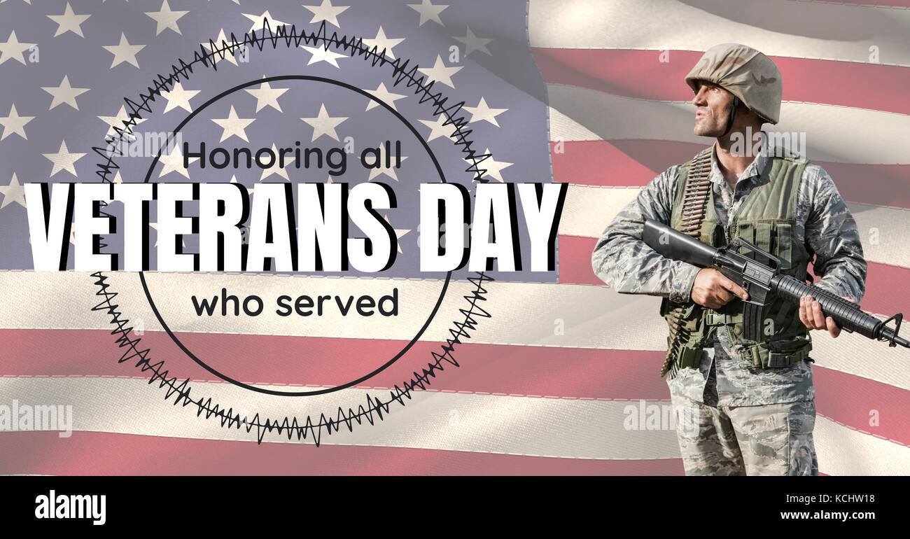 Digital composite of veterans day soldier in front of flag Stock Photo ...