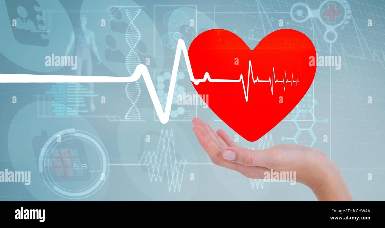 Digital composite of Heart beat over hands holding heart Stock Photo ...
