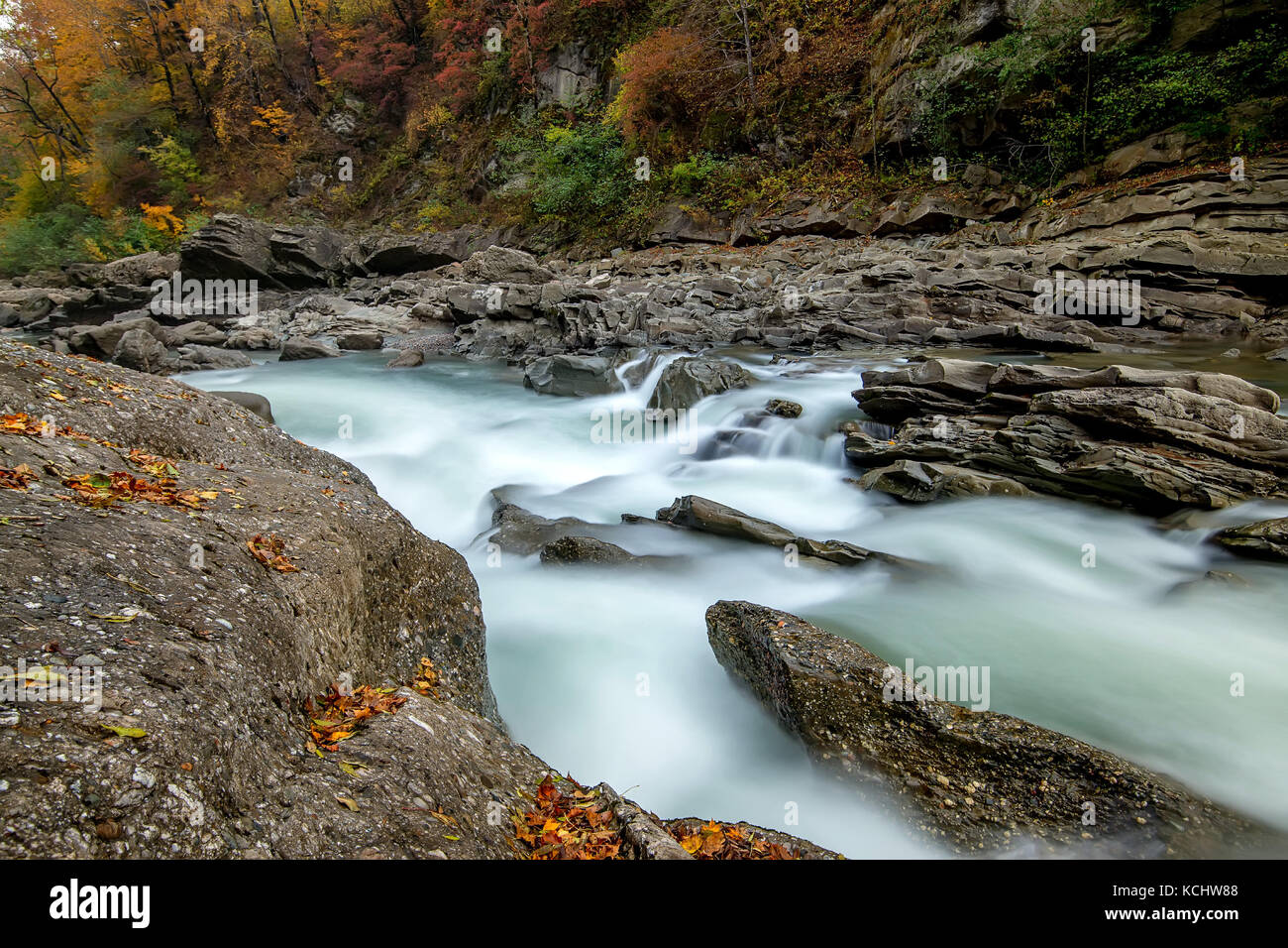 Fall landscape with mountain river and forest Stock Photo - Alamy
