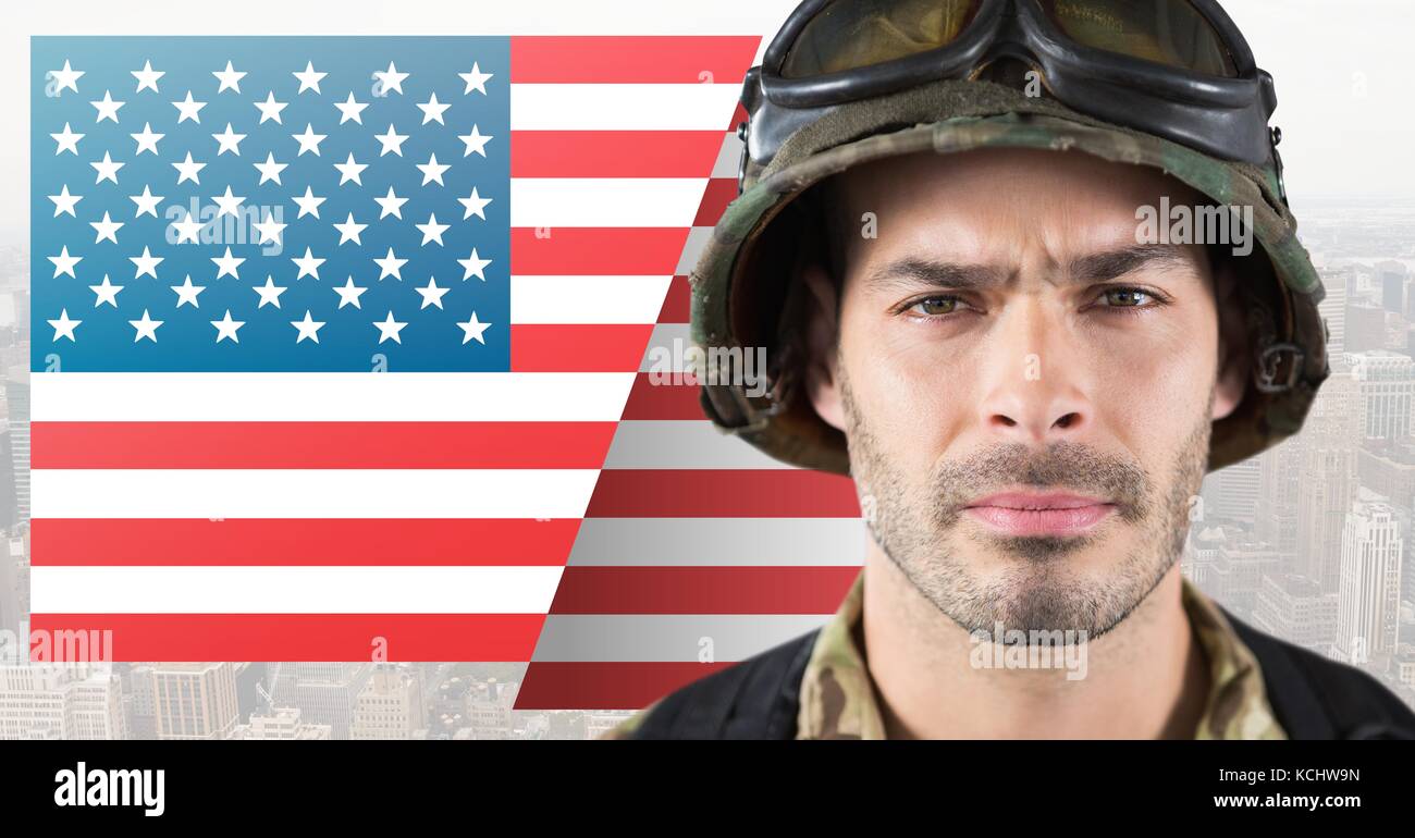 Digital composite of veterans day soldier in front of flag Stock Photo - Alamy