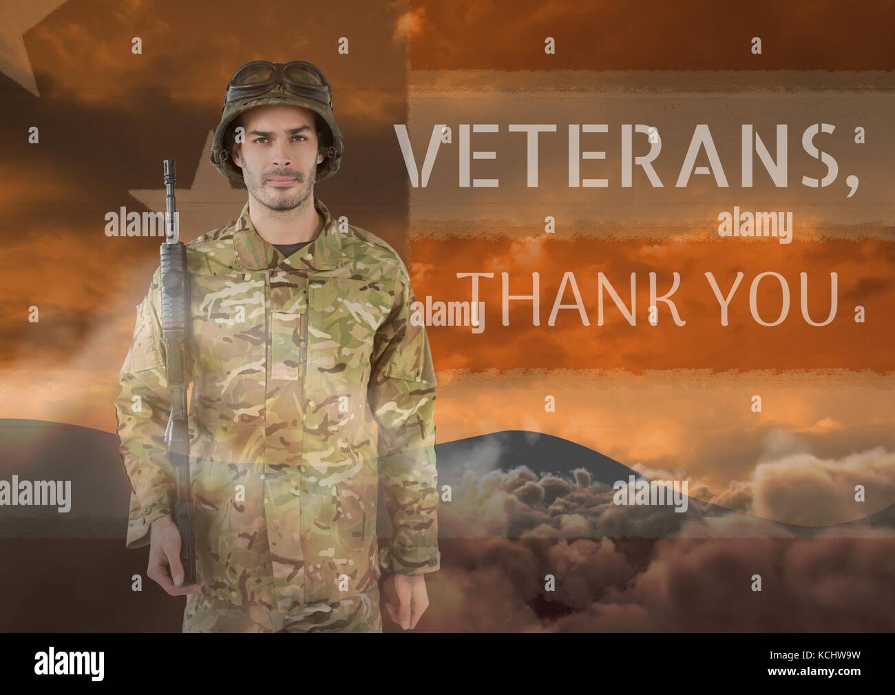 Digital composite of veterans day soldier in front of flag Stock Photo - Alamy