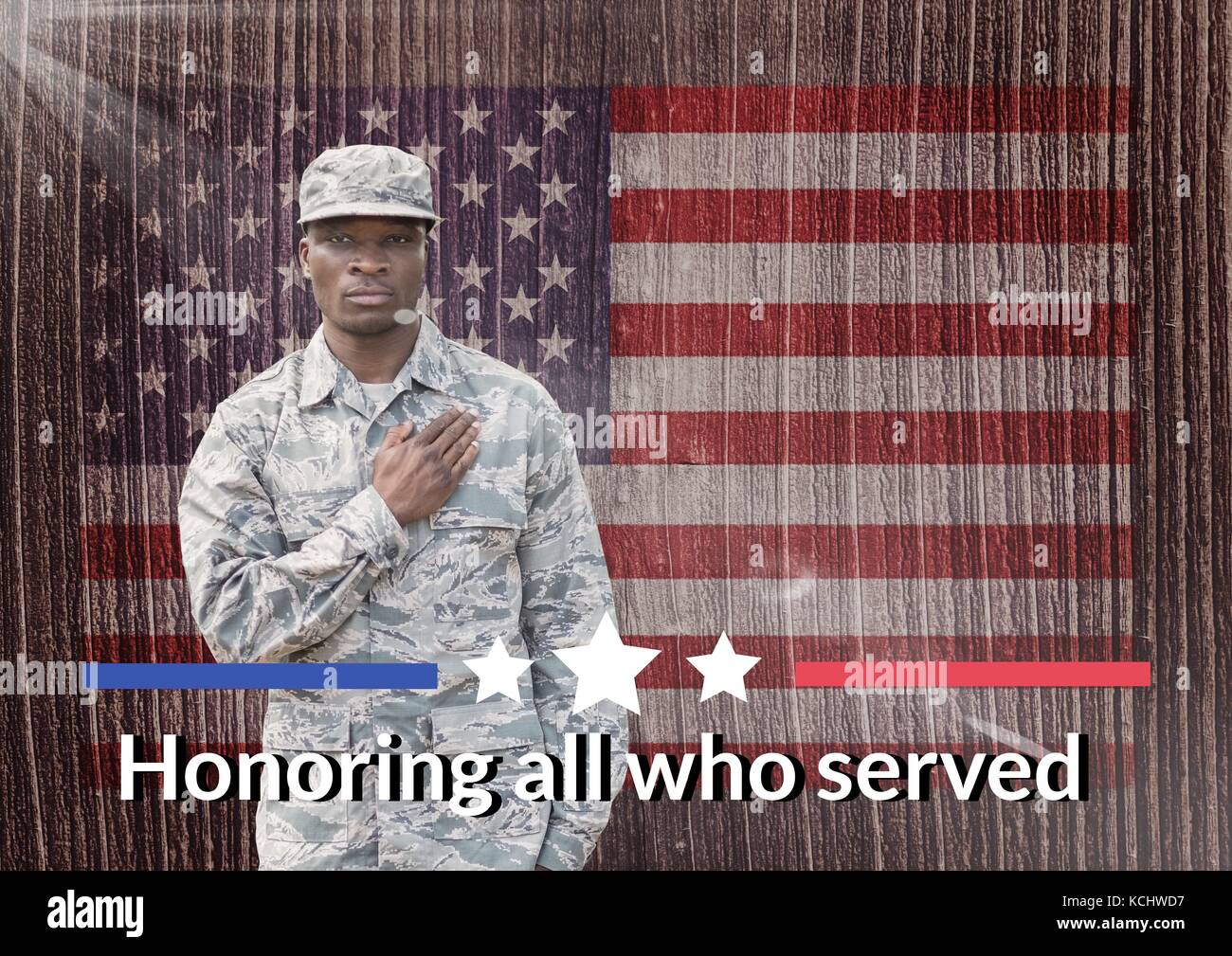 Digital composite of veterans day soldier in front of flag Stock Photo - Alamy