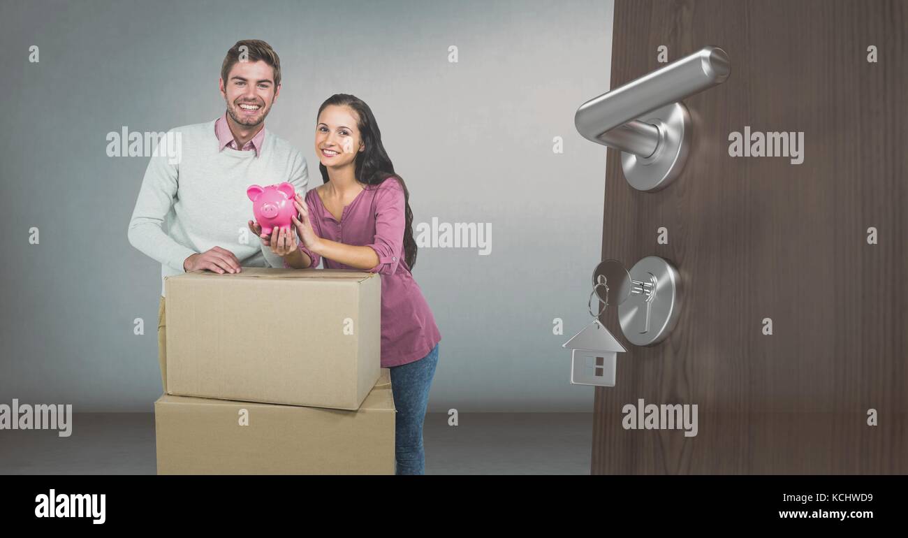 Digital composite of people moving boxes into new home Stock Photo - Alamy