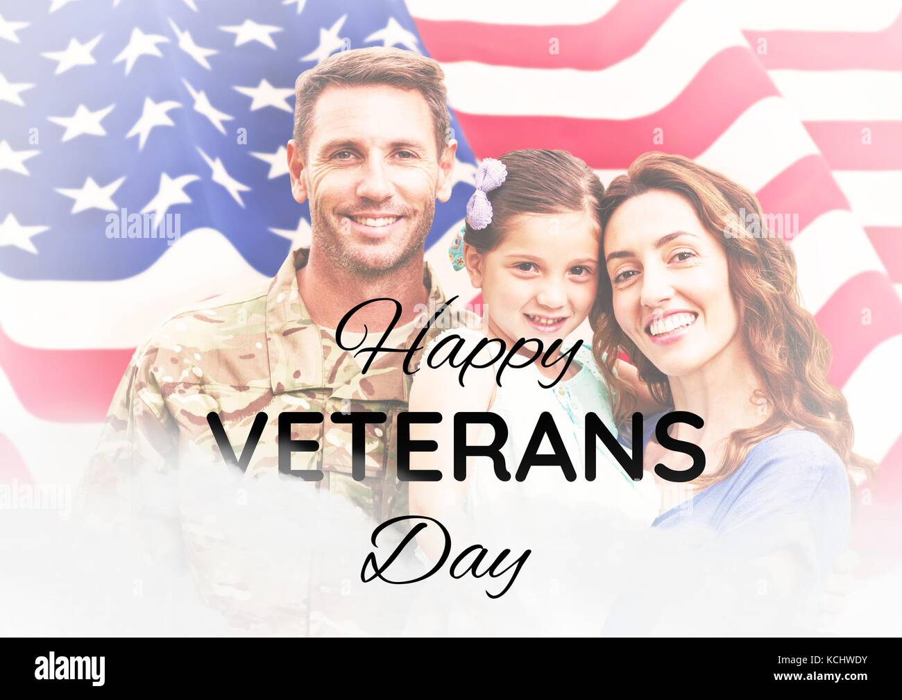 Digital composite of veterans day soldier with family in front of flag Stock Photo - Alamy