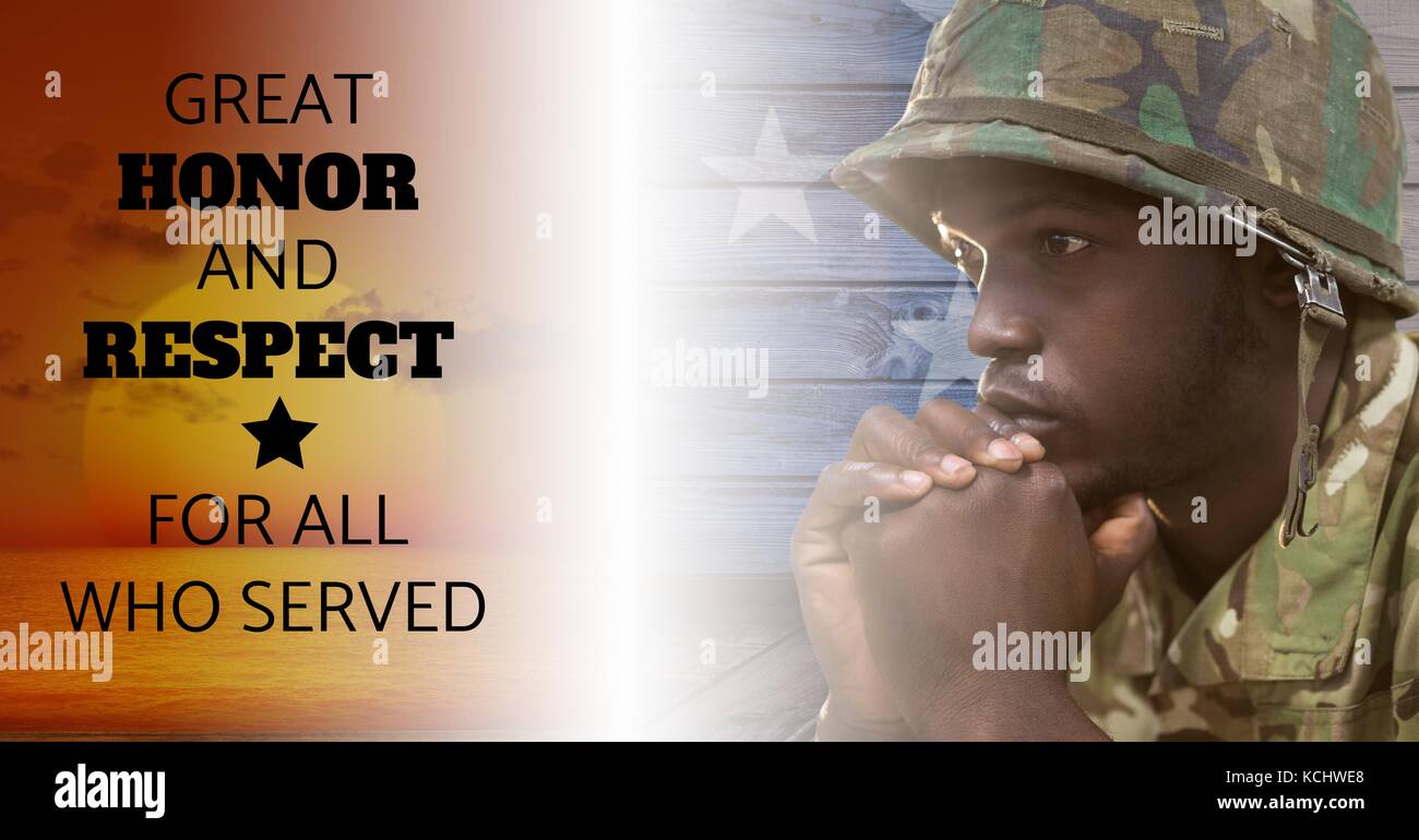 Digital composite of veterans day soldier in front of flag Stock Photo - Alamy