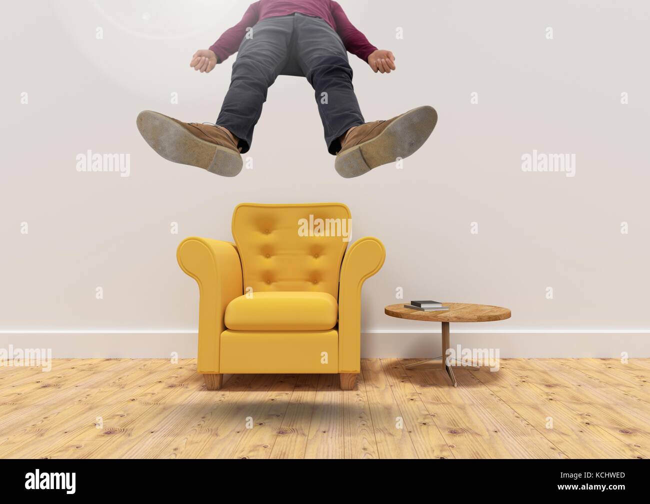 Digital composite of Man floating up from armchair in room Stock Photo ...