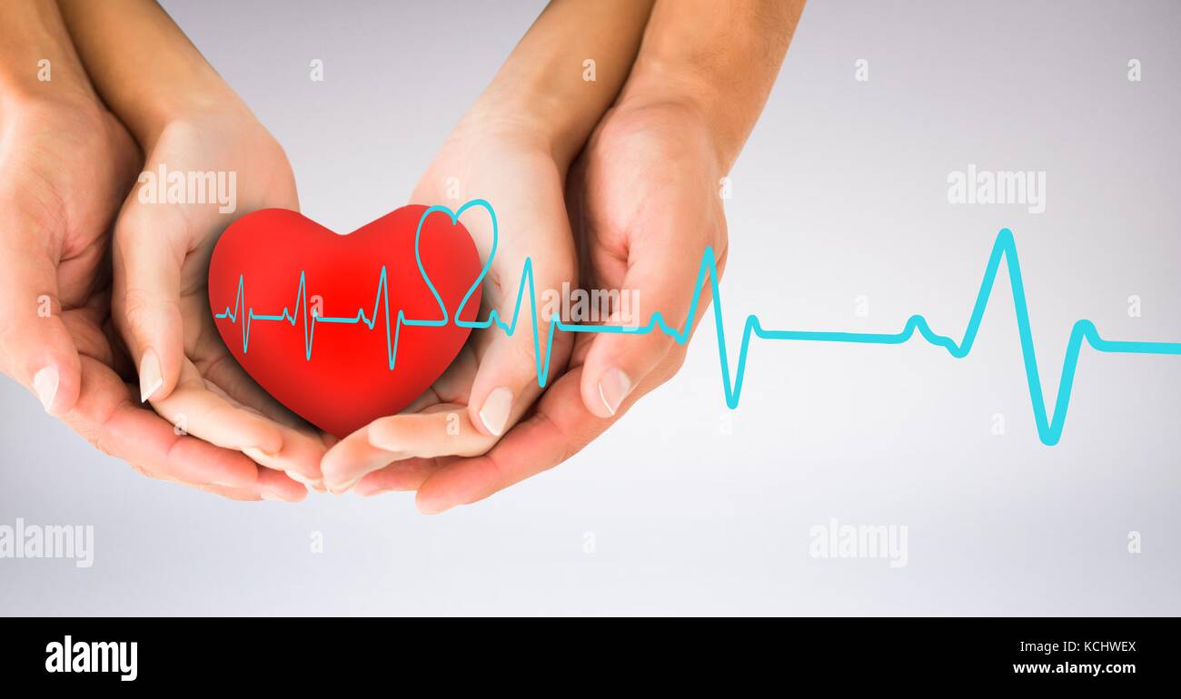 Digital composite of Heart beat over hands holding heart Stock Photo ...