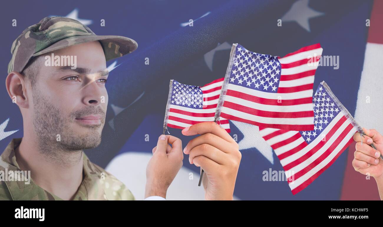 Digital composite of veterans day soldier in front of flags Stock Photo - Alamy