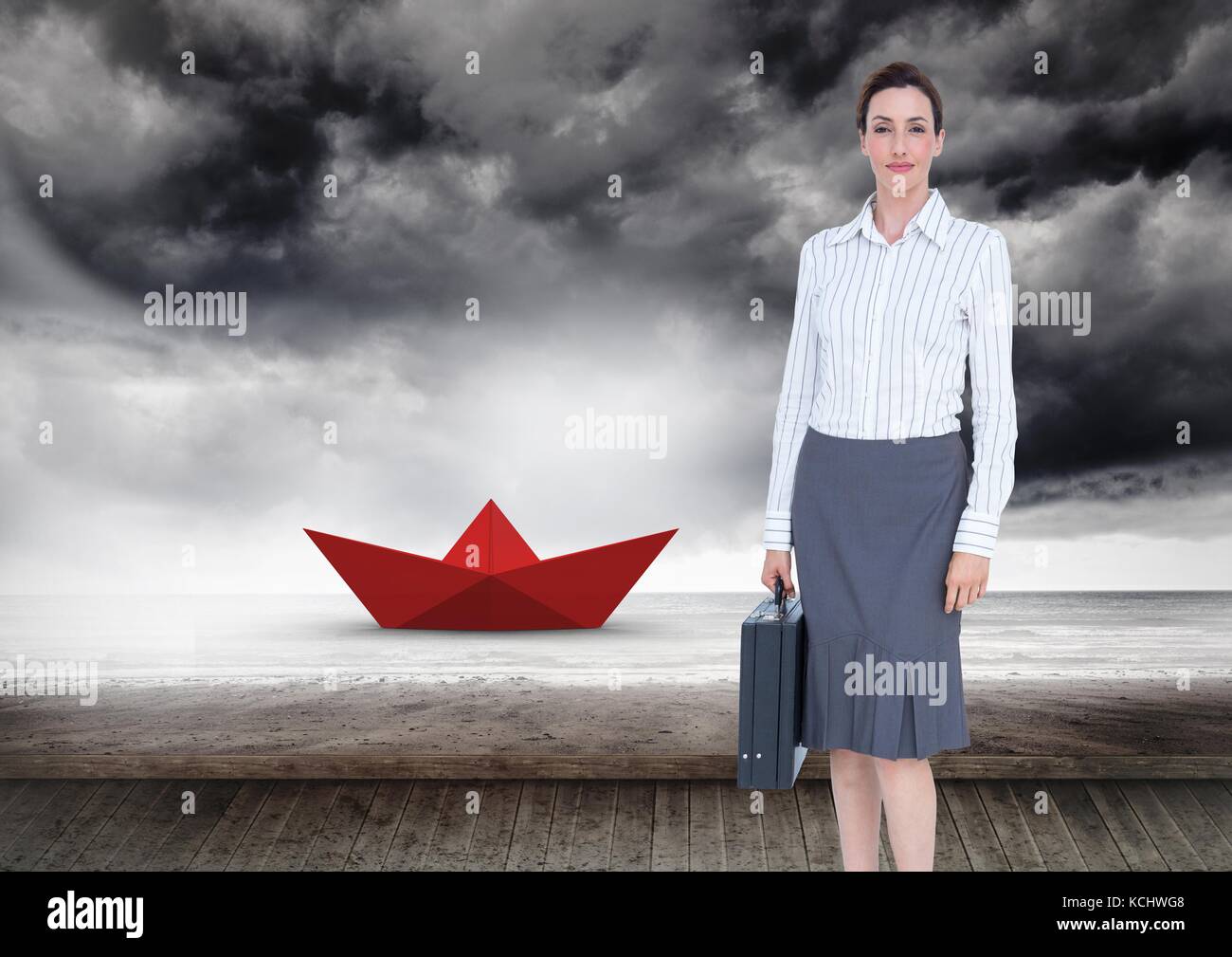Digital composite of Businesswoman with briefcase and red paper boat in ...