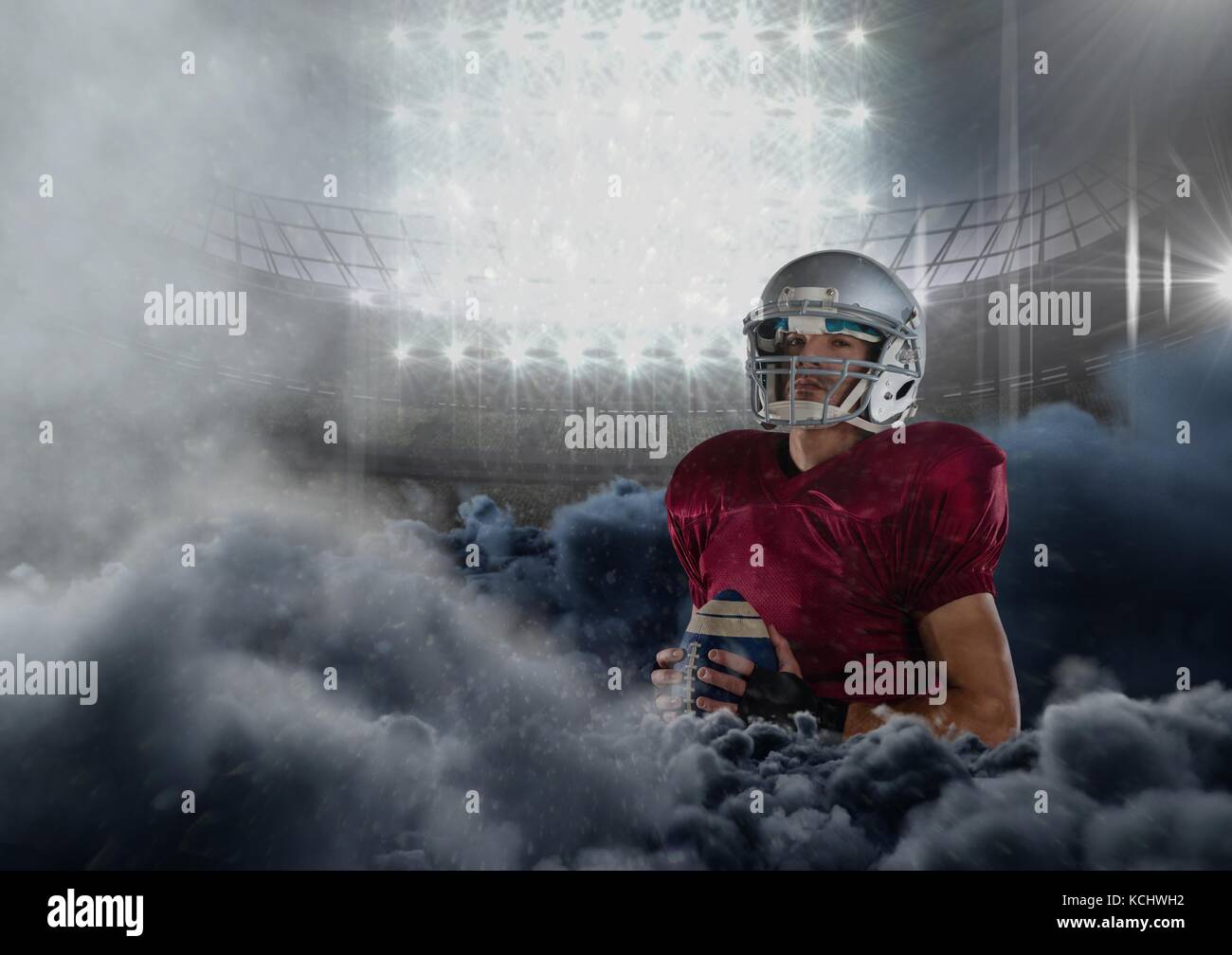 Digital composite of american football player in stadium with smoke ...