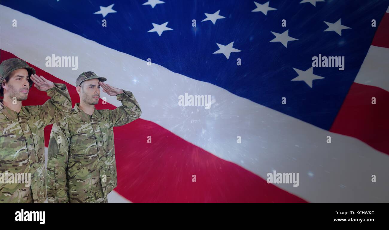 Digital composite of veterans day soldiers in front of flag Stock Photo - Alamy