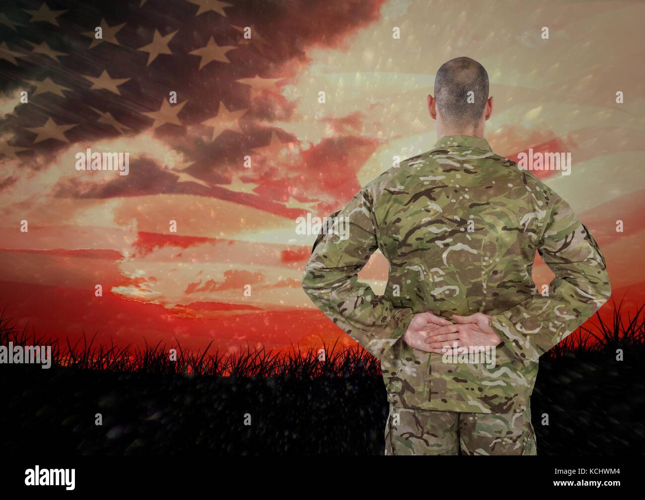 Digital composite of veterans day soldier in front of flag Stock Photo - Alamy