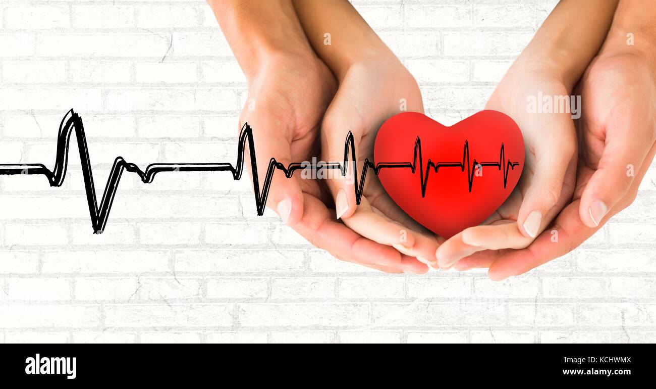 Digital composite of Heart beat over hands holding heart Stock Photo ...