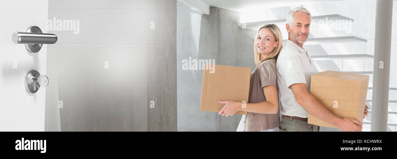 Digital composite of people moving boxes into new home Stock Photo - Alamy