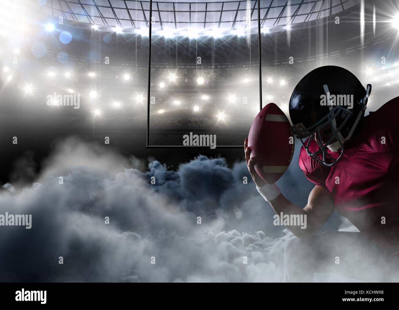 Digital composite of american football player in stadium with smoke ...