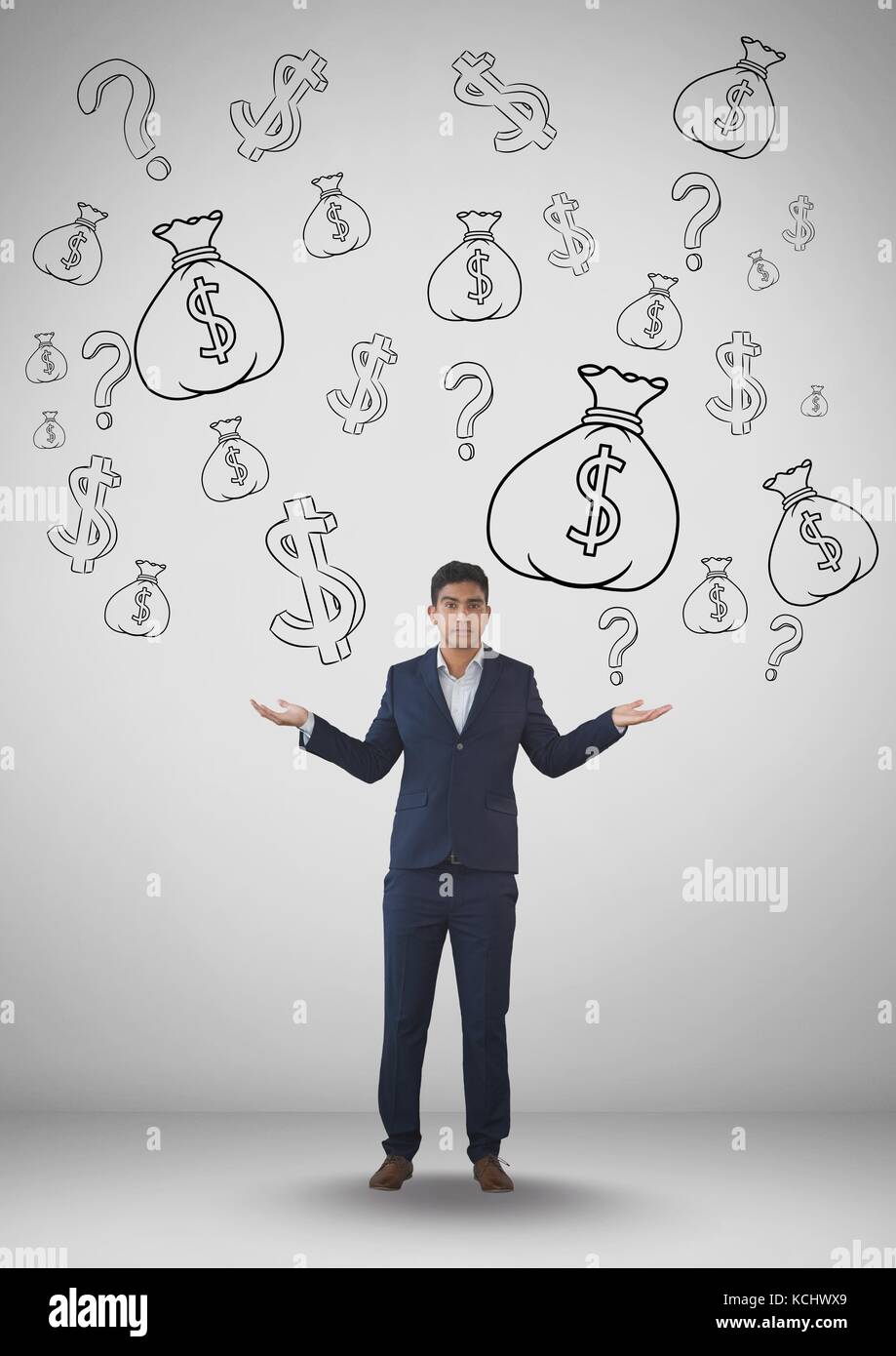 Digital composite of businessman in front of money on wall Stock Photo ...