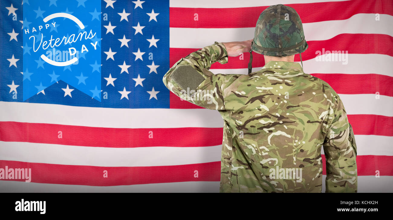 Rear view of military soldier saluting against rippled us flag Stock ...