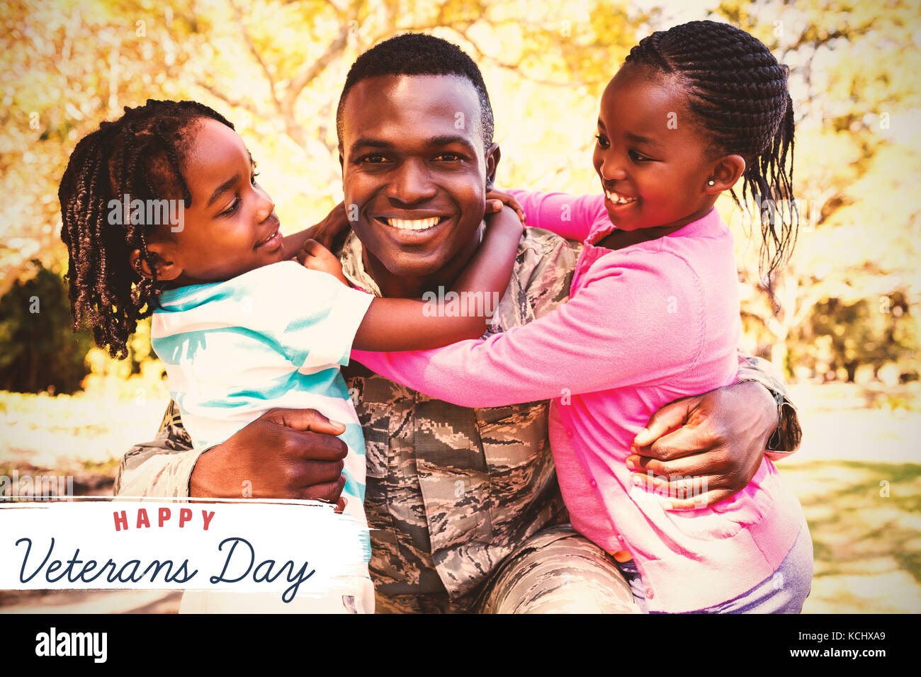 Logo for veterans day in america against happy family posing together ...