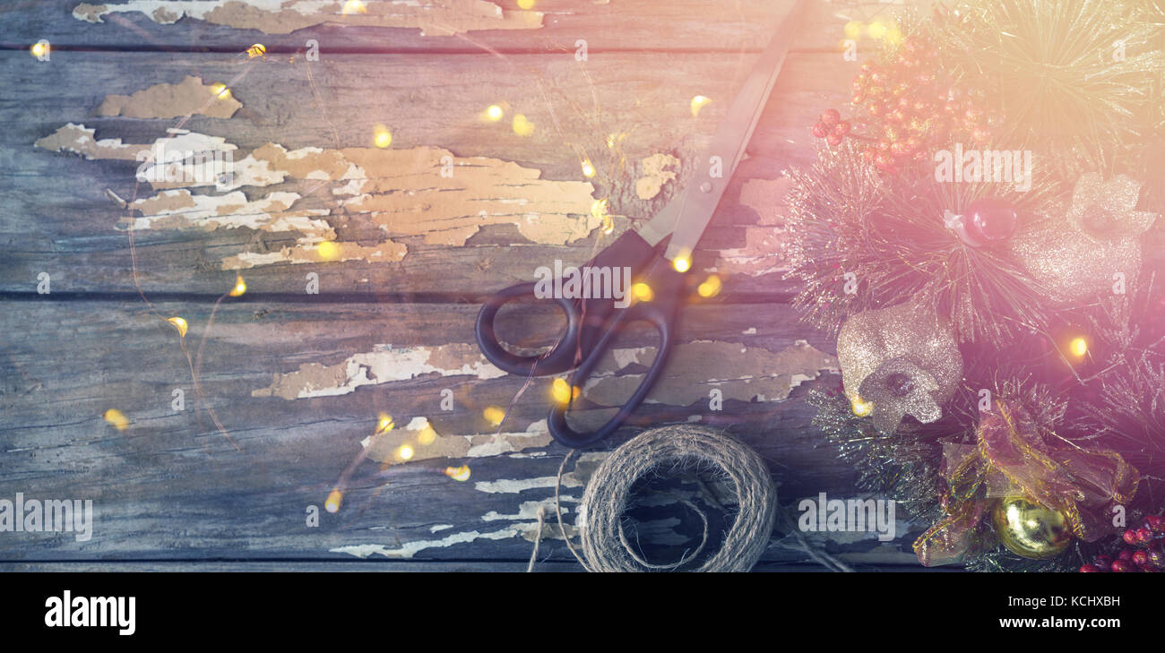 scissors on wood table Stock Photo - Alamy