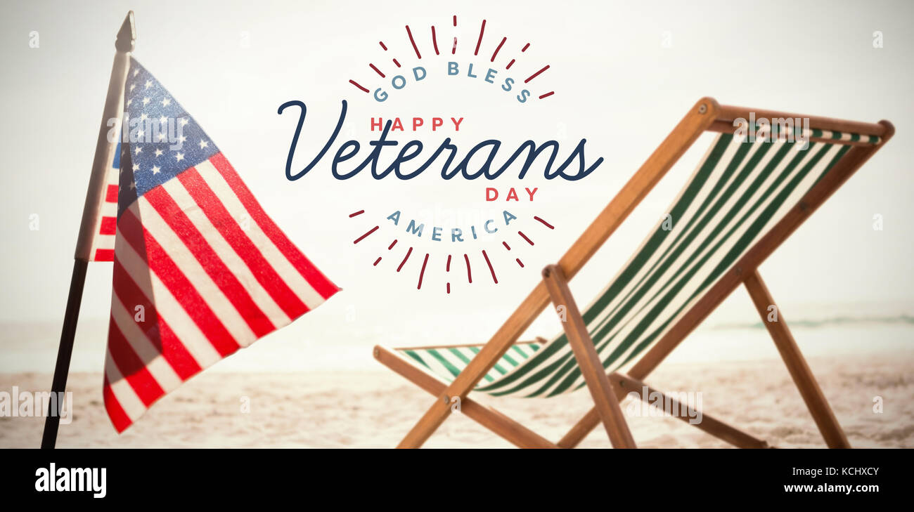 Logo for veterans day in america against beach chairs on tropical sand ...