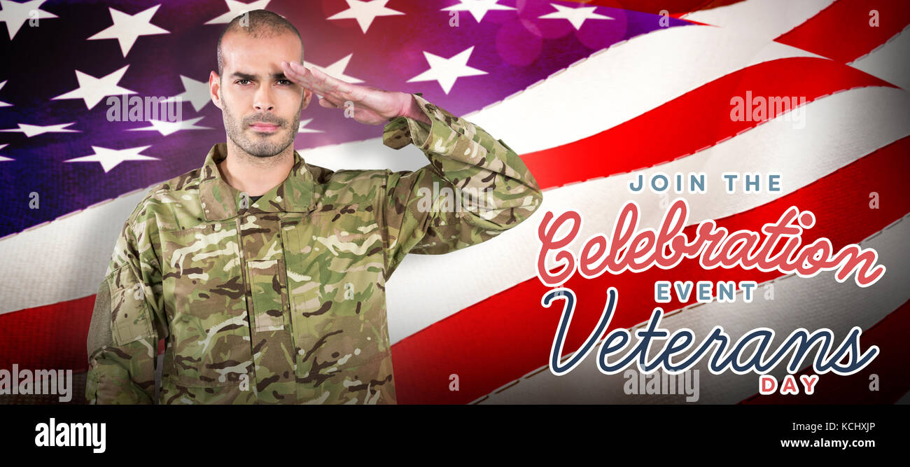 Portrait of confident soldier saluting against waving flag of america ...