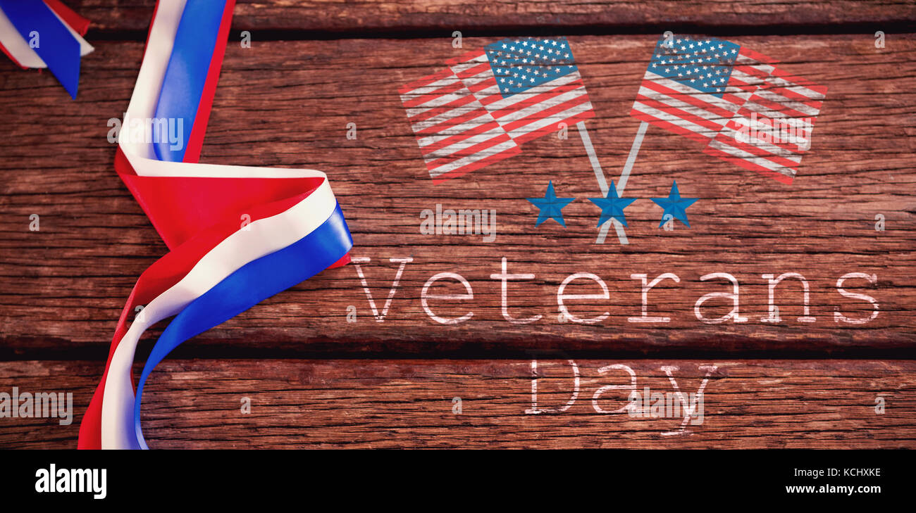 Logo for veterans day in america against red white and blue ribbons on ...