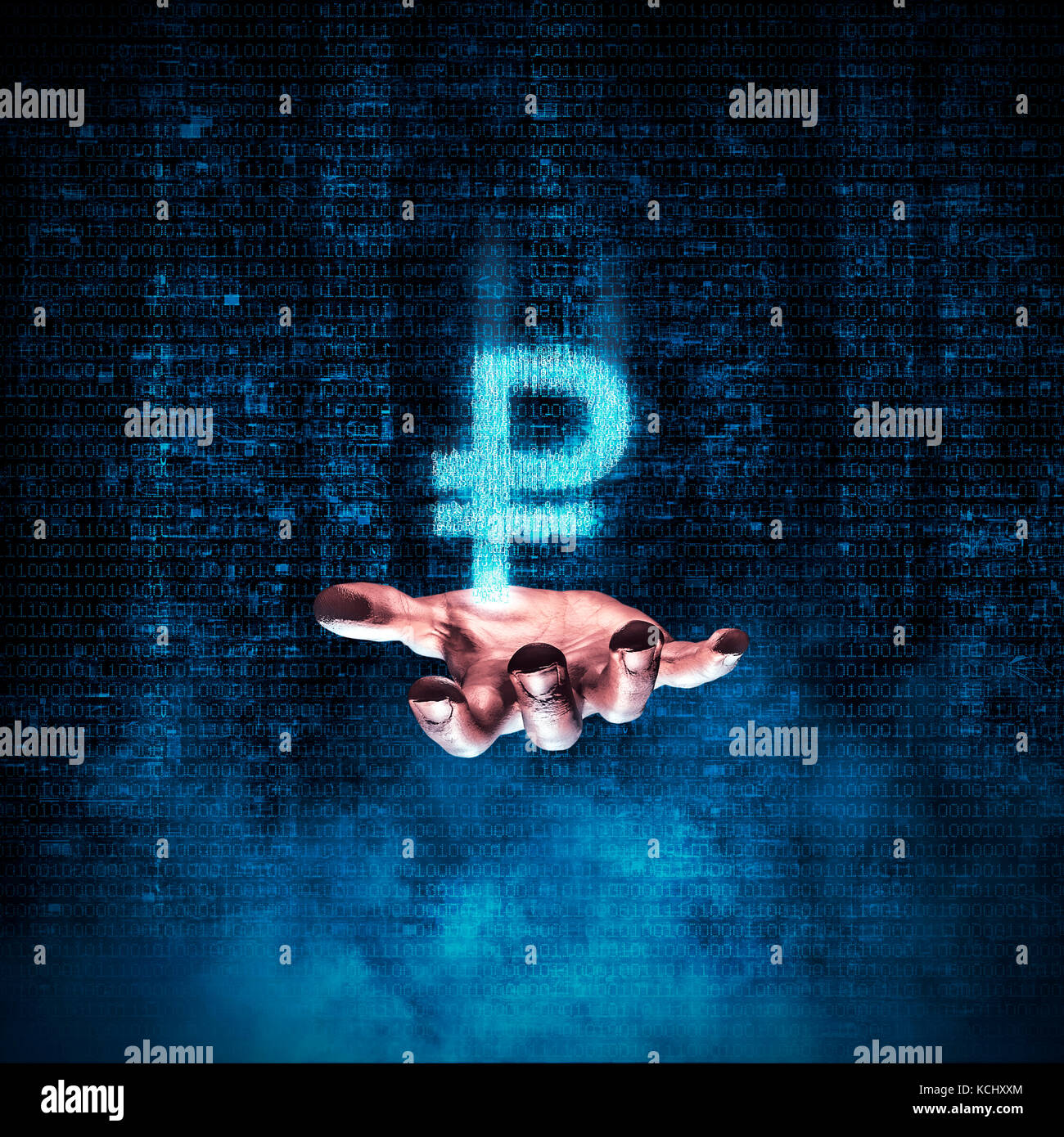 Binary ruble hand / 3D illustration of glowing ruble symbol formed by binary digits floating ...