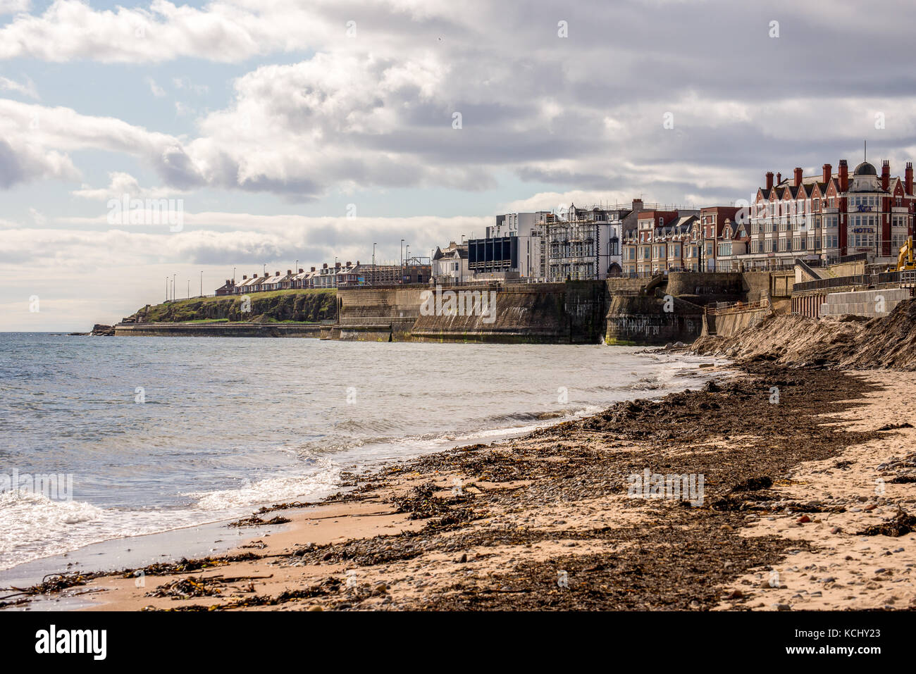 A view to Whitley Bay town and its coastline from the beach, England ...