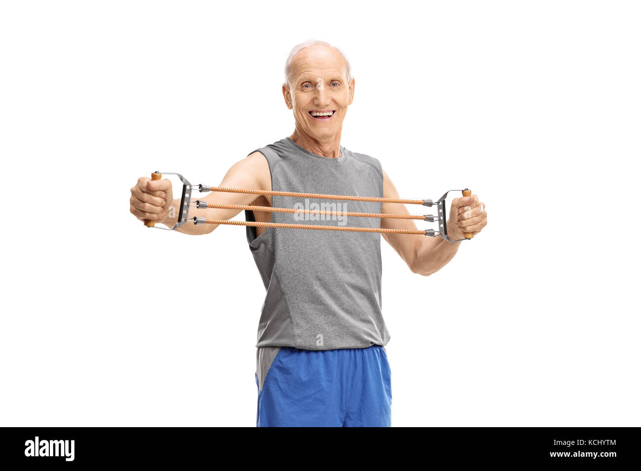 Senior exercising with a resistance band isolated on white background ...