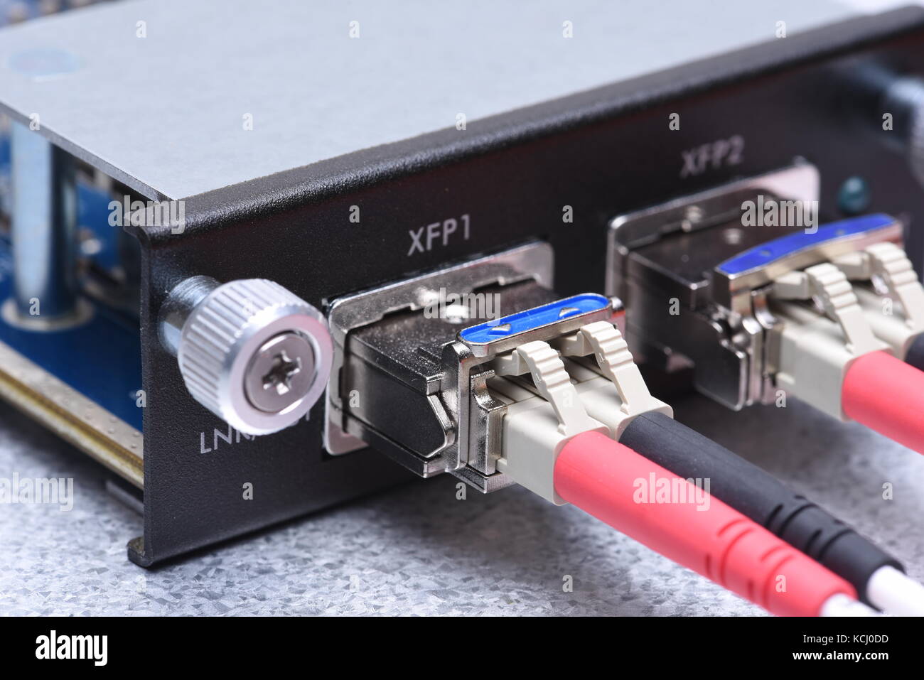 Network optical fiber cables connected to gigabit interface converter ...