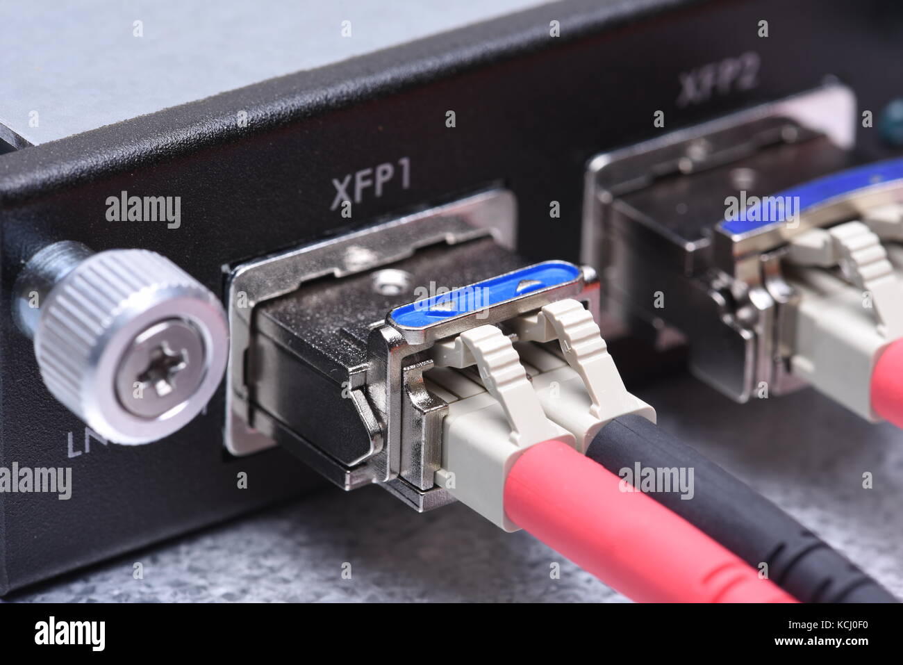 Network optical fiber cables connected to gigabit interface converter ...