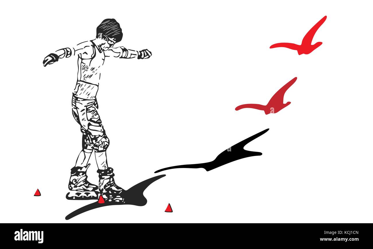 roller skates person with shadow pass into a bird - free hand vector ...