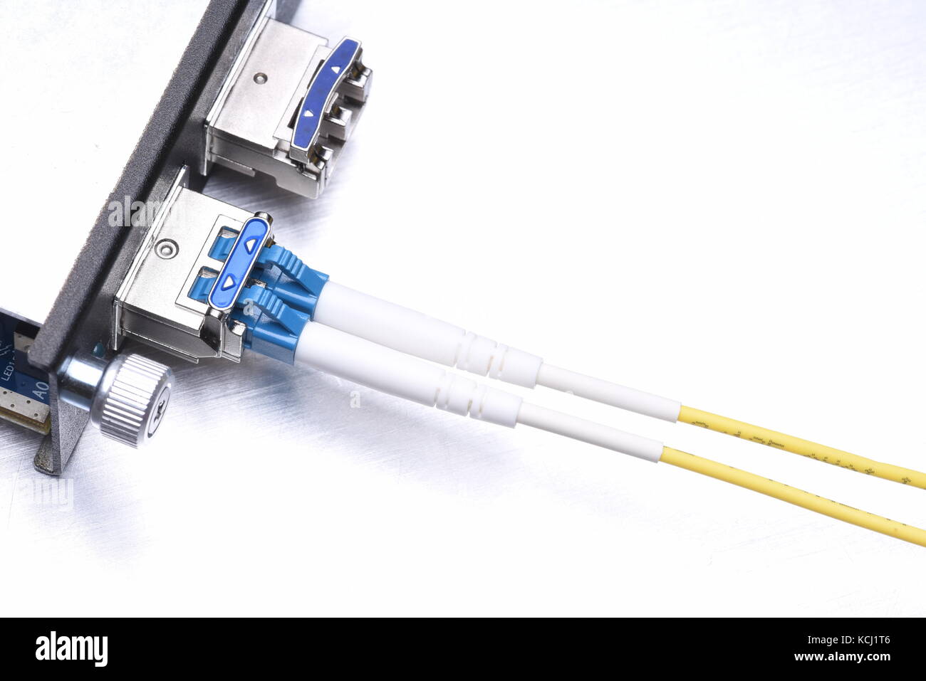 Gigabit interface converter type XFP with optical network cables on ...