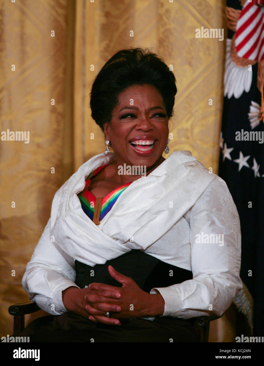 Producer, television host and actress Oprah Winfrey listen as United ...