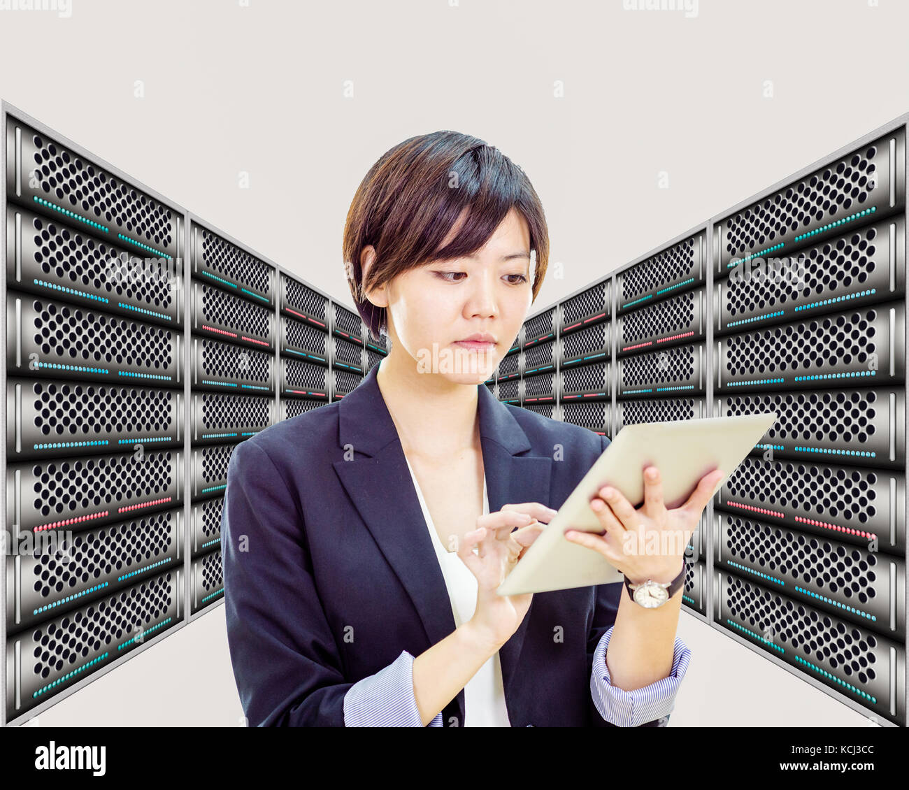 Asian female network technician with servers, original design elements ...