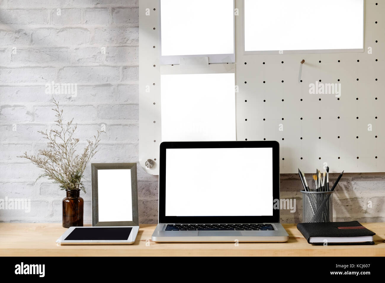 Work space Mock up contemporary : wood table top laptop computer and ...