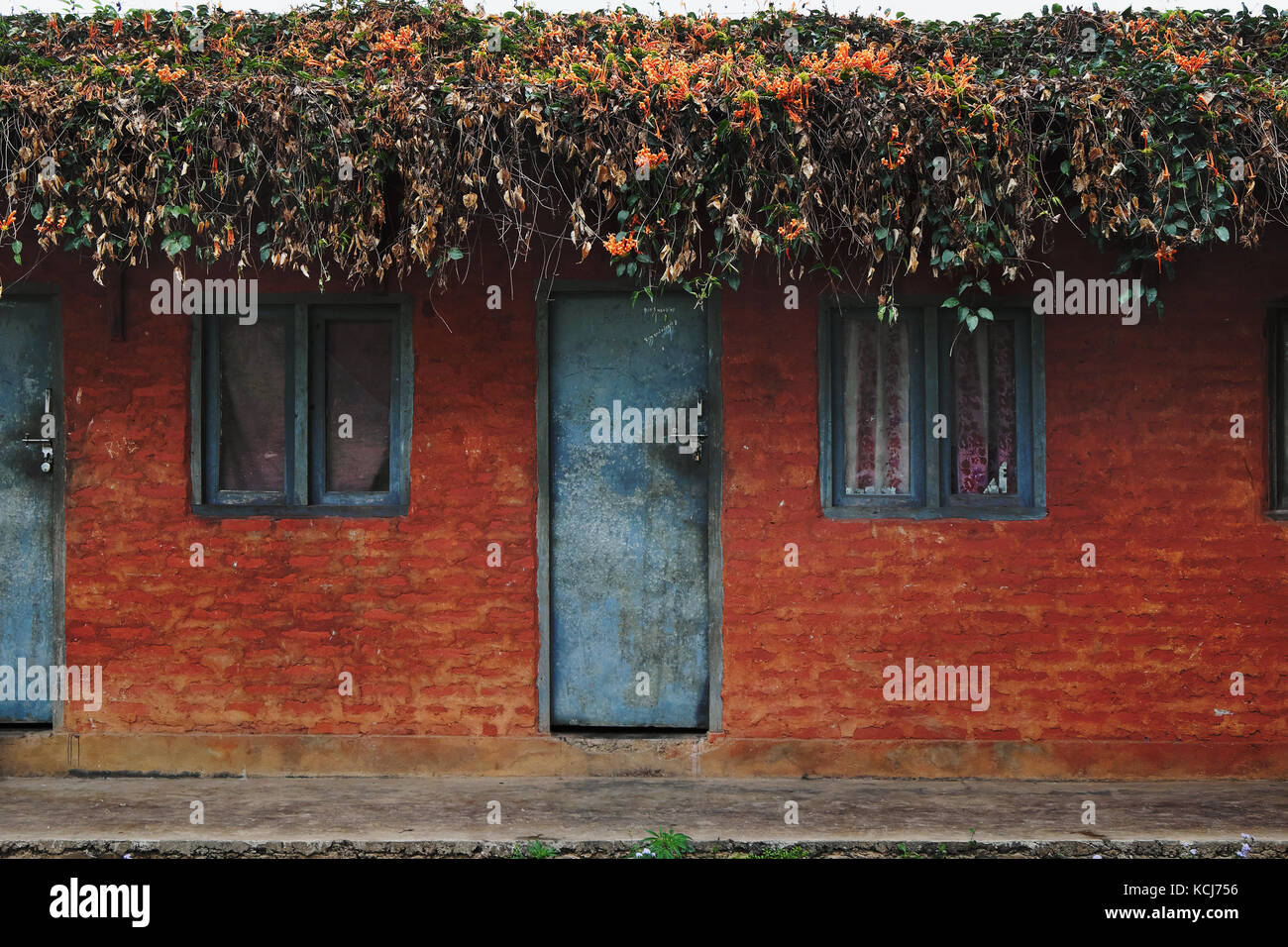Old Nepalese simple red house with a blue windows and doors, with a ...