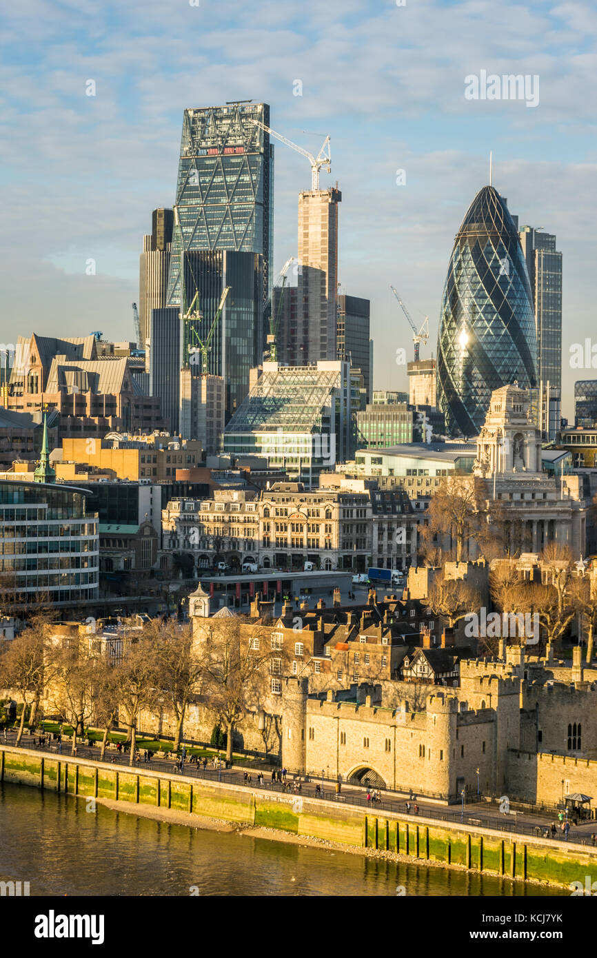 Aerial view of London city modern skyscraper buildings behind the Tower ...