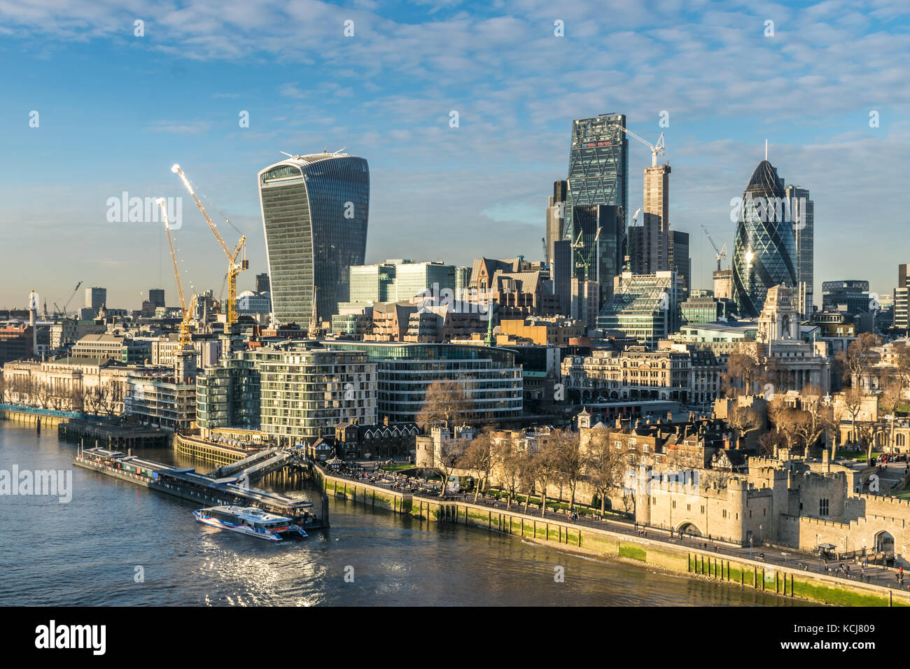 Aerial view of London city modern skyscraper buildings behind the Tower ...