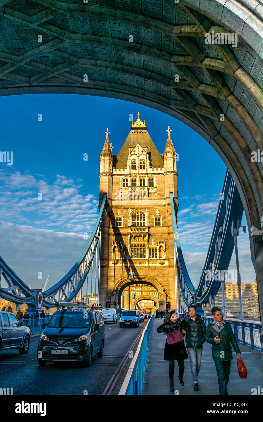 Crossing through the arch to one of the towers on Tower Bridge in ...