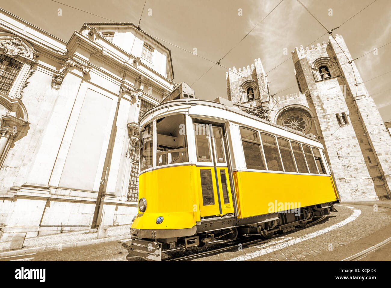 yellow tram Lisbon Stock Photo - Alamy