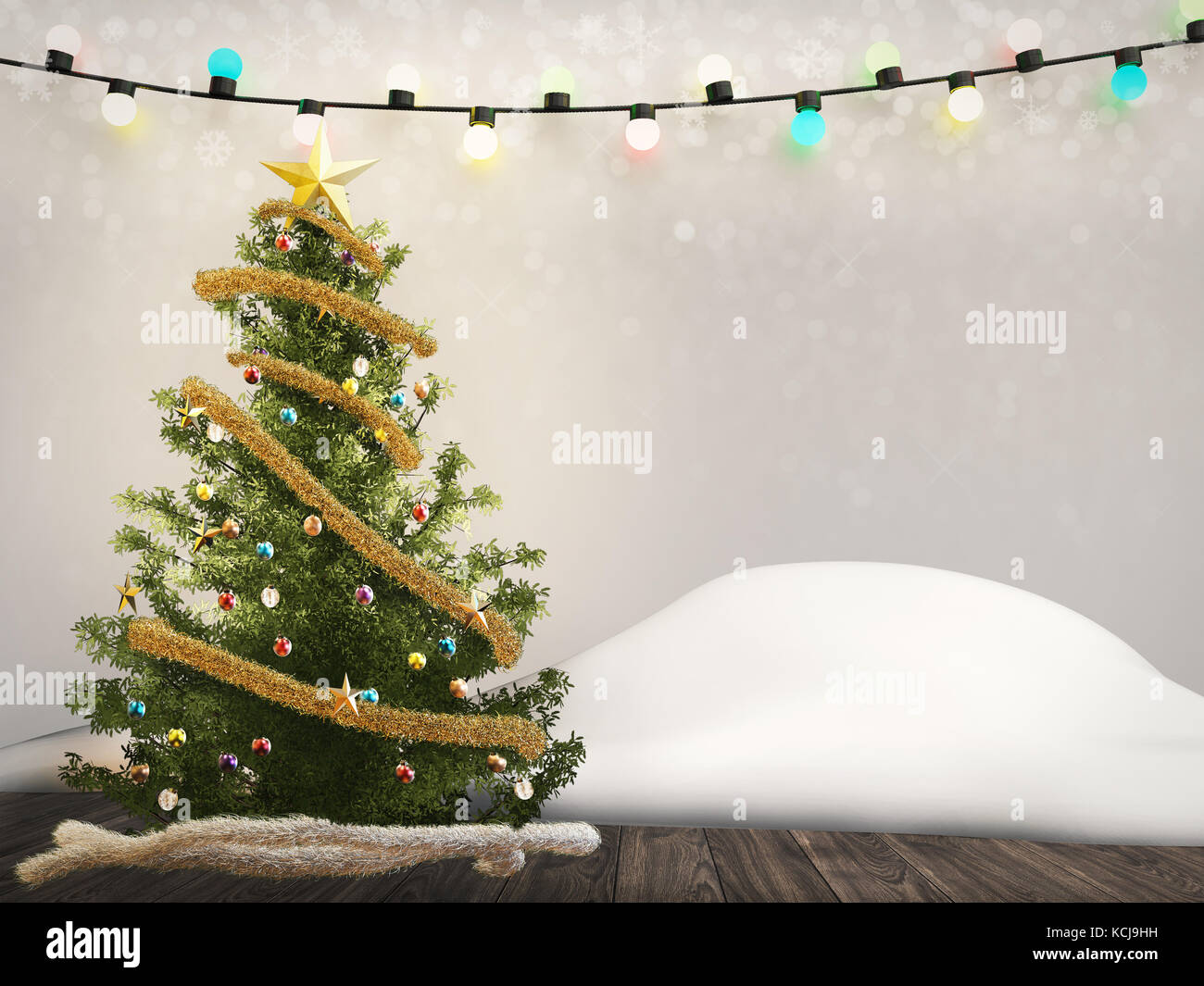 3d rendering christmas tree decorate with ornaments and rope lights ...