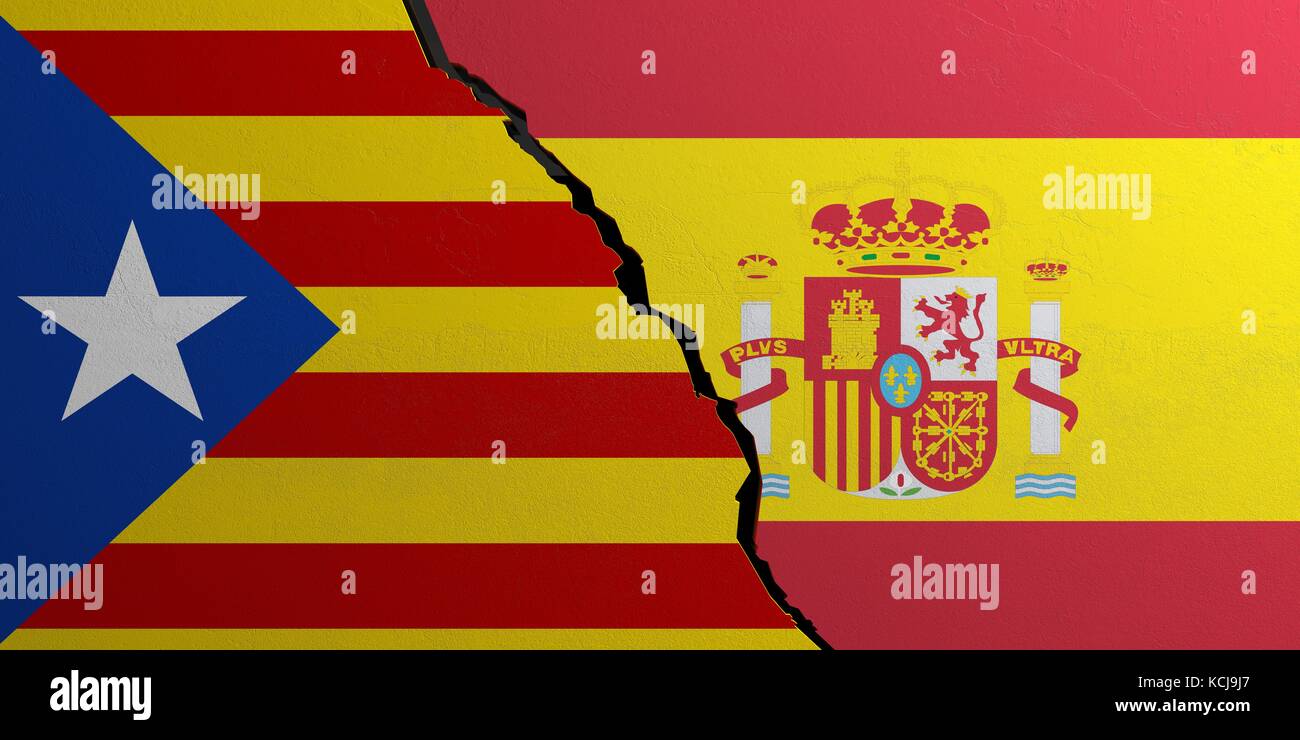 Catalonia and Spain flag, cracked wall background. 3d illustration ...