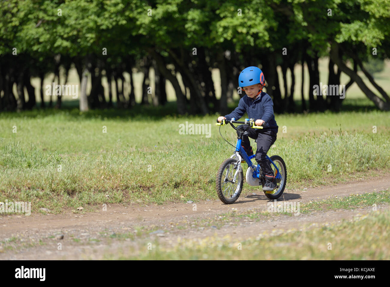 Happy kid boy of 5 years having fun in spring forest with a bicycle on ...