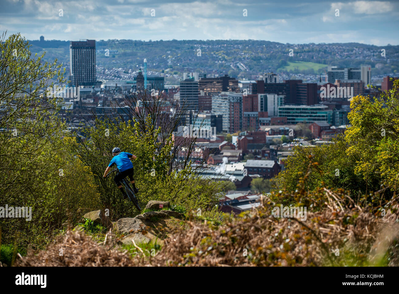 A mountain biker jumps in the air as he rides the trails at Parkwood ...