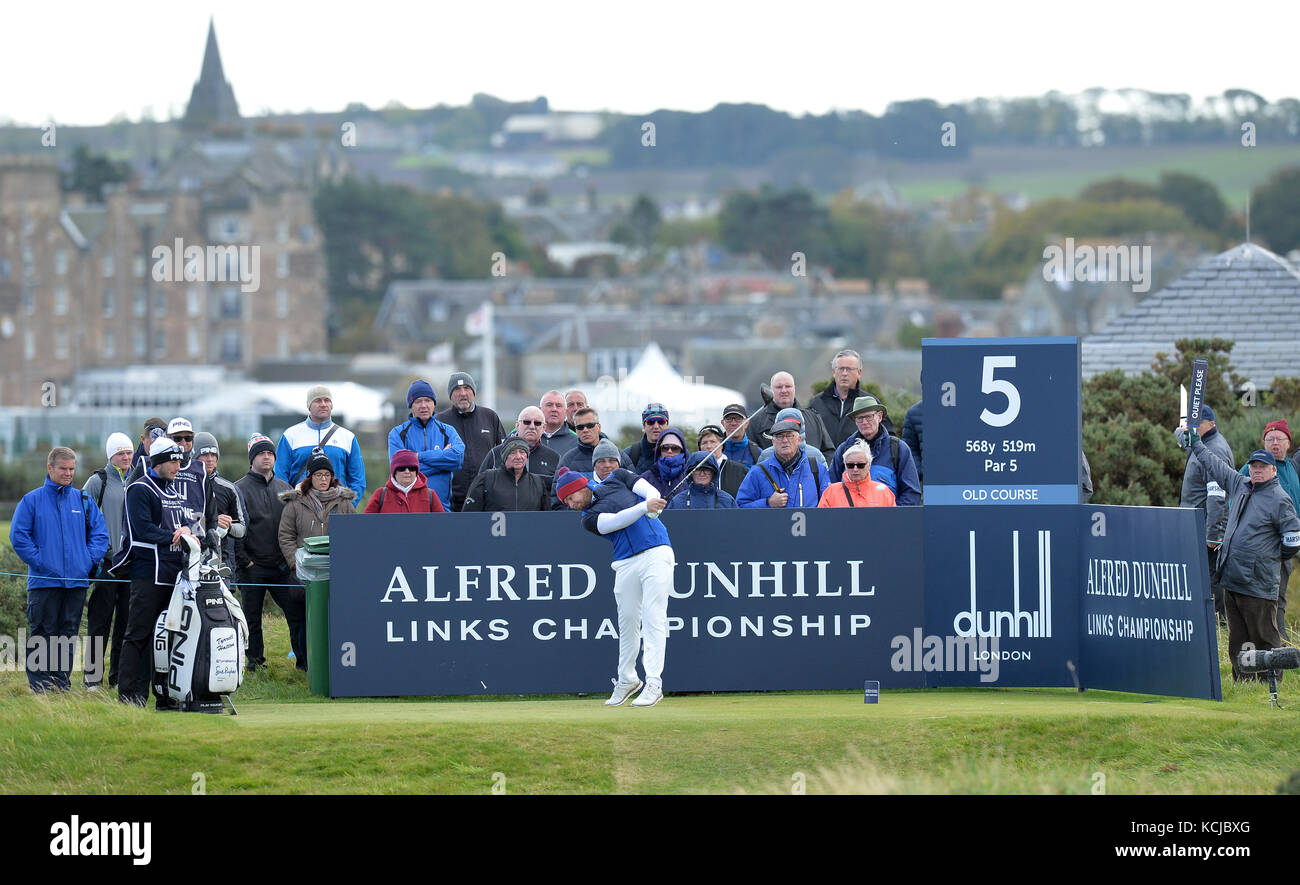 England's Tyrrell Hatton (centre) tees off on the fifth hole during day ...