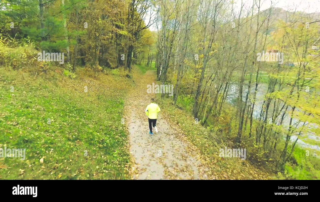 Young athlete running outside in autumn forest. Aerial view Stock Photo ...